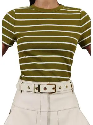 ME+EM Fitted Rib Crew Neck Striped Tee - Deep Golden Olive/cream