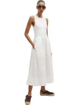 ME+EM Knit And Broderie Mixed Media Midi Dress - Soft White