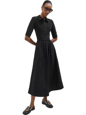 ME+EM Mixed Media Shirt Collar Maxi Dress - Black