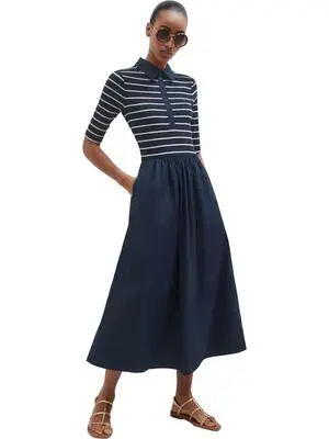 ME+EM Mixed Media Shirt Collar Maxi Dress - Navy/soft White