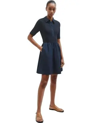 ME+EM Mixed Media Shirt Collar Short Dress - Navy