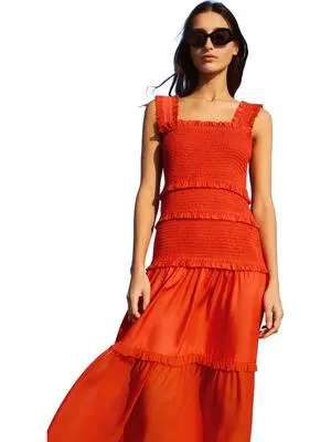 ME+EM Silk-blend Shirred Full-length Dress With Strap - Intense Orange