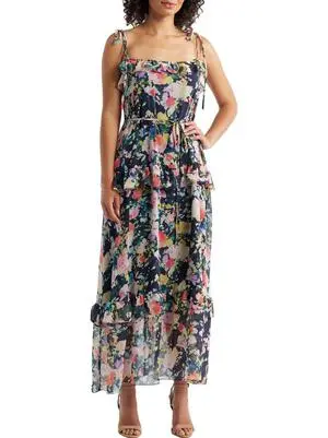 Julia Jordan Floral Print Tie Strap Midi Dress - Navy Multi