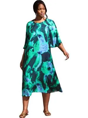 LIVE UNLIMITED Abstract Print Flutter Sleeve Midi Dress - Green