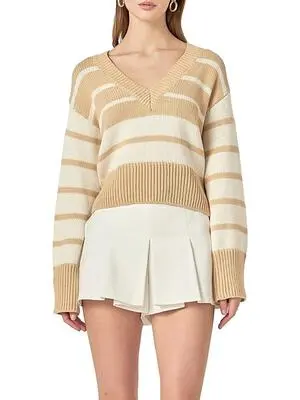 English Factory V-neck Striped Sweater - Tan And Ivory