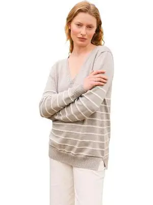 CELTIC & CO. Merino V-neck Sweater - Oatmeal Ecru Stripe