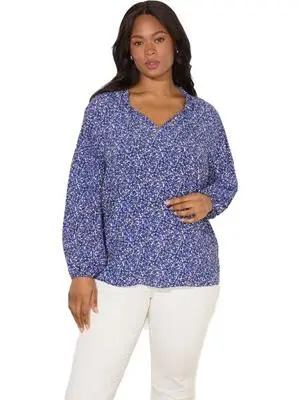 LIVE UNLIMITED Ditsy Shirred Raglan Sleeve Blouse - Blue Print