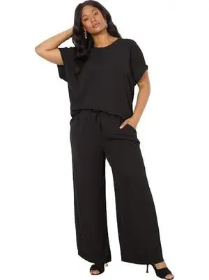 LIVE UNLIMITED Drawstring Waist Wide Leg Pants - Black