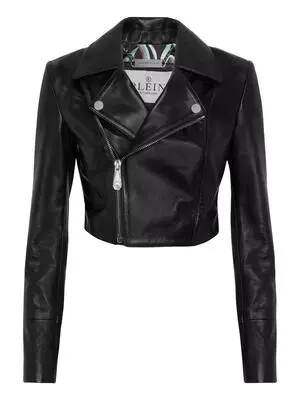 Philipp Plein Flame Racing Leather Biker Jacket - Black