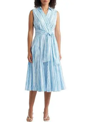 TAHARI ASL Stripe Sleeveless Midi Dress - White Blue