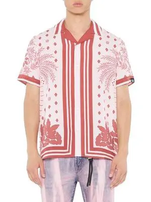CULT OF INDIVIDUALITY Border Print Short Sleeve Cotton Button-up Shirt - Retro
