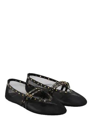 Mango Studded Buckle Strap Mesh Ballet Flats - Black