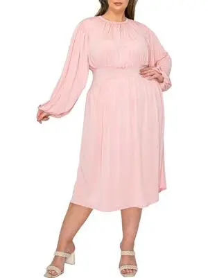 L I V D Audrey Gathered Long Sleeve Midi Dress - Blush
