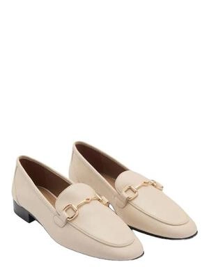 Mango MANGO Buckle Leather Apron-Toe Flats Ecru