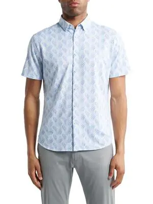 Mizzen+main Halyard Trim Fit Leaf Print Short Sleeve Button-up Shirt - Light Blue Palm