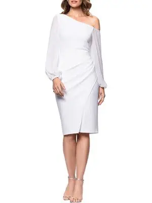 Betsy & Adam Sheer Sleeve One-shoulder Scuba Crepe Cocktail Dress - Ivory