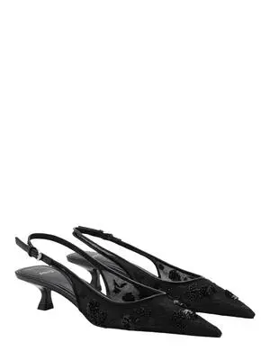 Mango Kitten Heel Floral Slingback Pumps - Black
