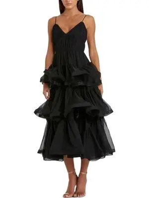 Mac Duggal V-neck Tiered Ruffle Midi Dress - Black