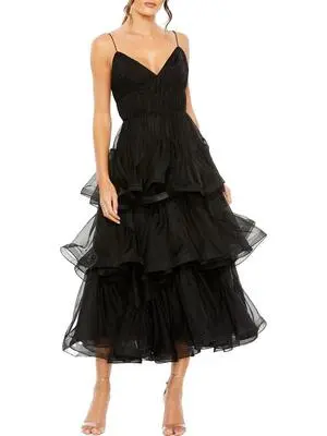 MAC DUGGAL Mac Duggal V-Neck Tiered Ruffle Midi Dress
