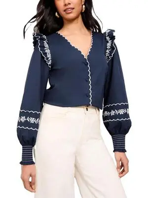 FRIENDS LIKE THESE Ruffle Embroidered Scallop Trimmed Top - Blue