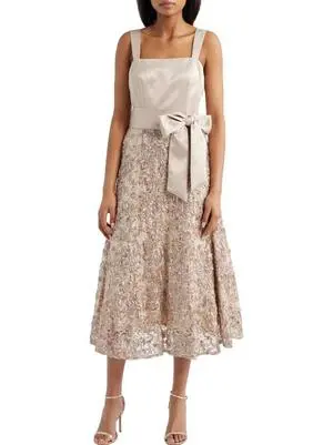 TAHARI ASL Sequin Soutache Satin Cocktail Dress - Champagne