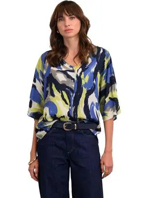 CELTIC & CO. V-neck Draped Blouse - Abstract Brushstroke