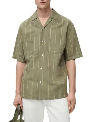 Mango Pinstripe Linen & Cotton Bowling Camp Shirt - Green
