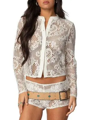 EDIKTED Peyson Sheer Lace Button-up Shirt - Cream