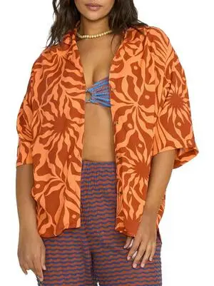 BILLABONG Beach Side Print Oversized Camp Shirt - Orange Squeeze