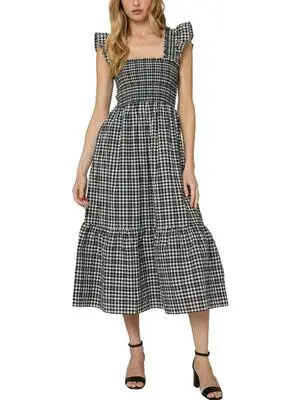 THE STANDARD STITCH Flounce Smocked Midi Dress - Black Checkerd