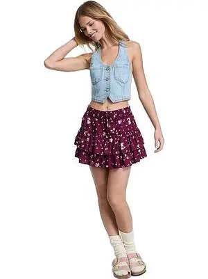 Pink Satin Ruffle Mini Skirt - Floral
