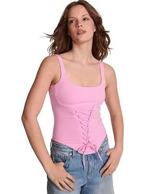 Pink All-day Soft Rib Lace-up Corset Top - Pink