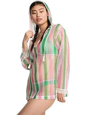 Pink Striped Crochet Tunic Hoodie - Print