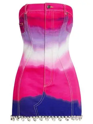 AREA Strapless Crystal-embellished Tie-dyed Denim Mini Dress - Bright Pink
