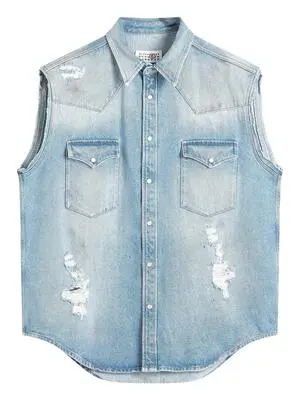 MAISON MARGIELA Sleeveless Distressed Denim Shirt - Medium Blue