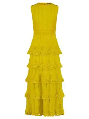 Lela Rose Crochet Ruffle Knit Piper Dress - Yellow