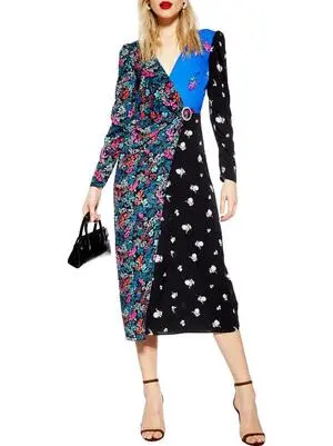 Topshop Grand Estate Mix Midi Dress - Blue Multi