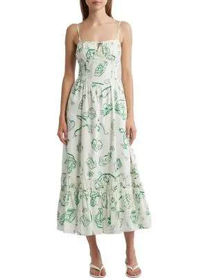 Moon River Tie Keyhole Cotton Midi Sundress - Green Multi