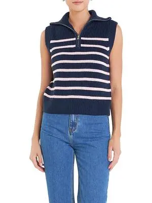 English Factory Stripe Sleeveless Knit Top - Navy And Pink