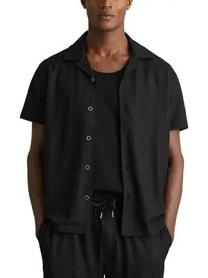 REISS Relaxed Fit Textured Short Sleeve Camp Shirt - Black