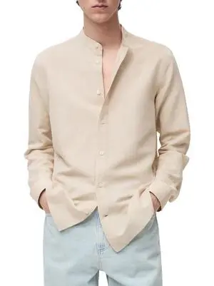 Mango Band Collar Linen Blend Button-up Shirt - Sand