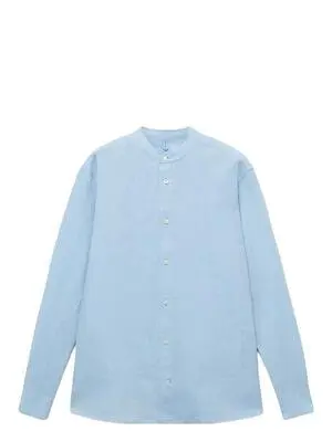 Mango Band Collar Linen Blend Button-up Shirt Sky Blue