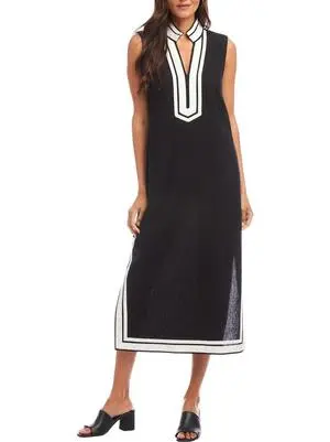 Karen Kane St. Tropez Linen-blend Midi Dress - Black W/ Off White