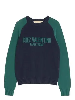 Valentino Garavani Wool And Cotton Chez Valentino Jacquard Jumper Blue/green