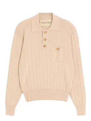 Valentino Garavani Long-sleeved Ribbed Cotton Polo Shirt - Cream