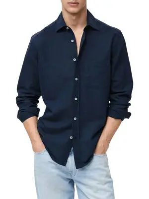 Mango Classic Fit Linen & Cotton Button-up Shirt Dark Navy