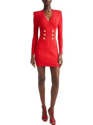 Balmain Button Detailed Long Sleeve Sweater Dress - Bright Red