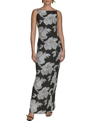 Donna Karan New York Sequin Floral Gown - Black/ White