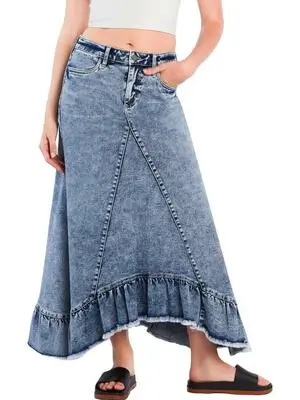 WASH LAB DENIM Wash Lab Denim Pieced Ruffle Maxi Skirt Pacific Blue