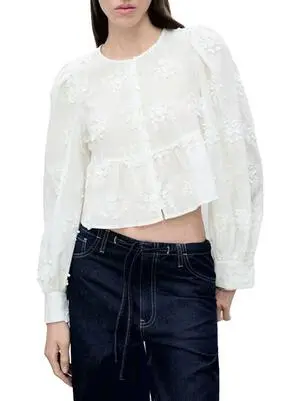 Mango Floral Embroidered Cotton Peplum Shirt - Off White